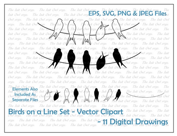 Birds Sitting on a Line Vector Clipart / Outline & Stamp | Etsy