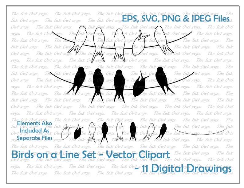 Birds Sitting on a Line Vector Clipart / Outline & Stamp - Etsy