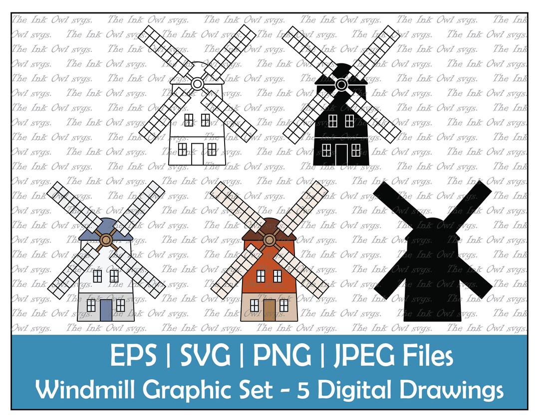 Windmill Vector Clipart / Outline, Silhouette Stamp & Color Drawing ...