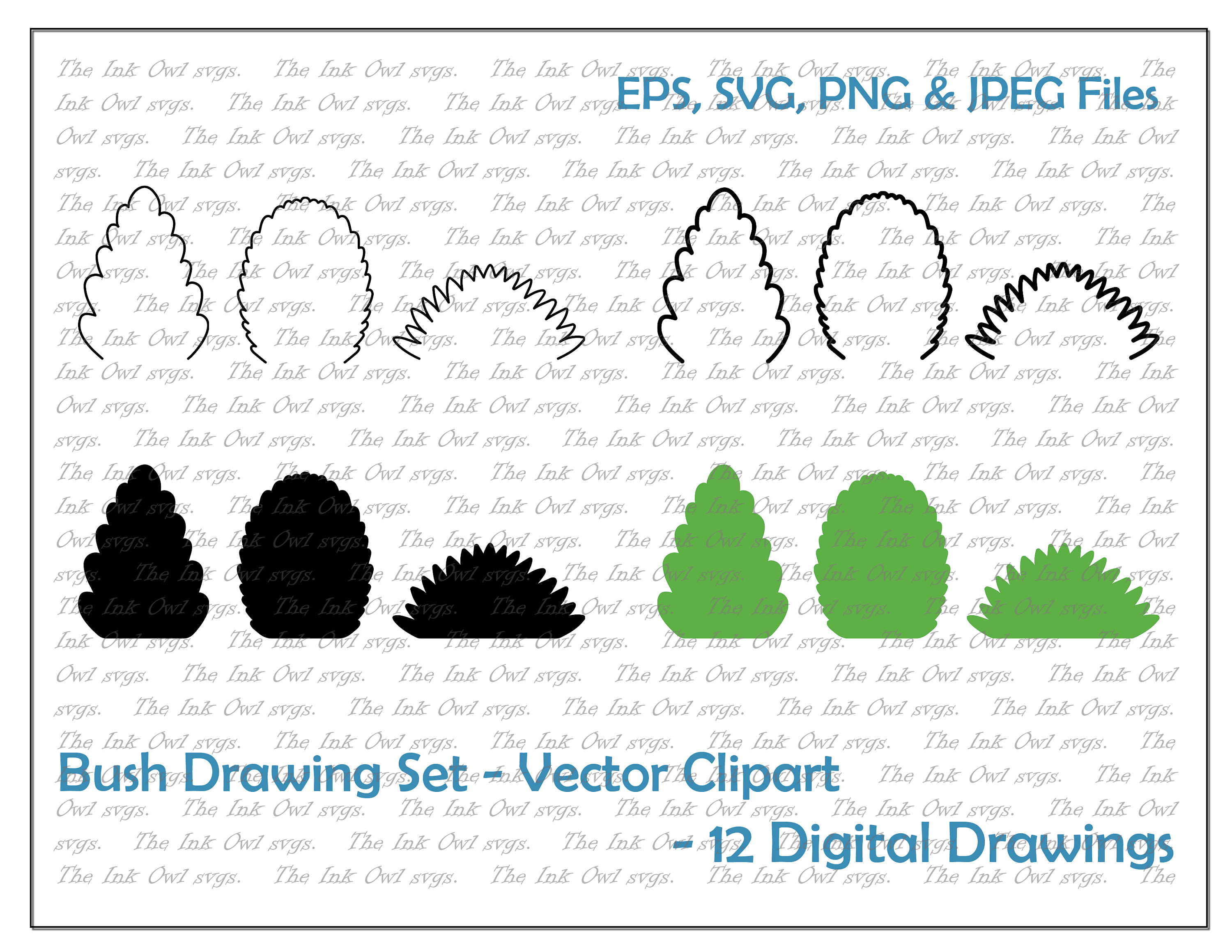 Bush Vector Clipart Set / Bushes Line Drawing & Stamp Graphic - Etsy