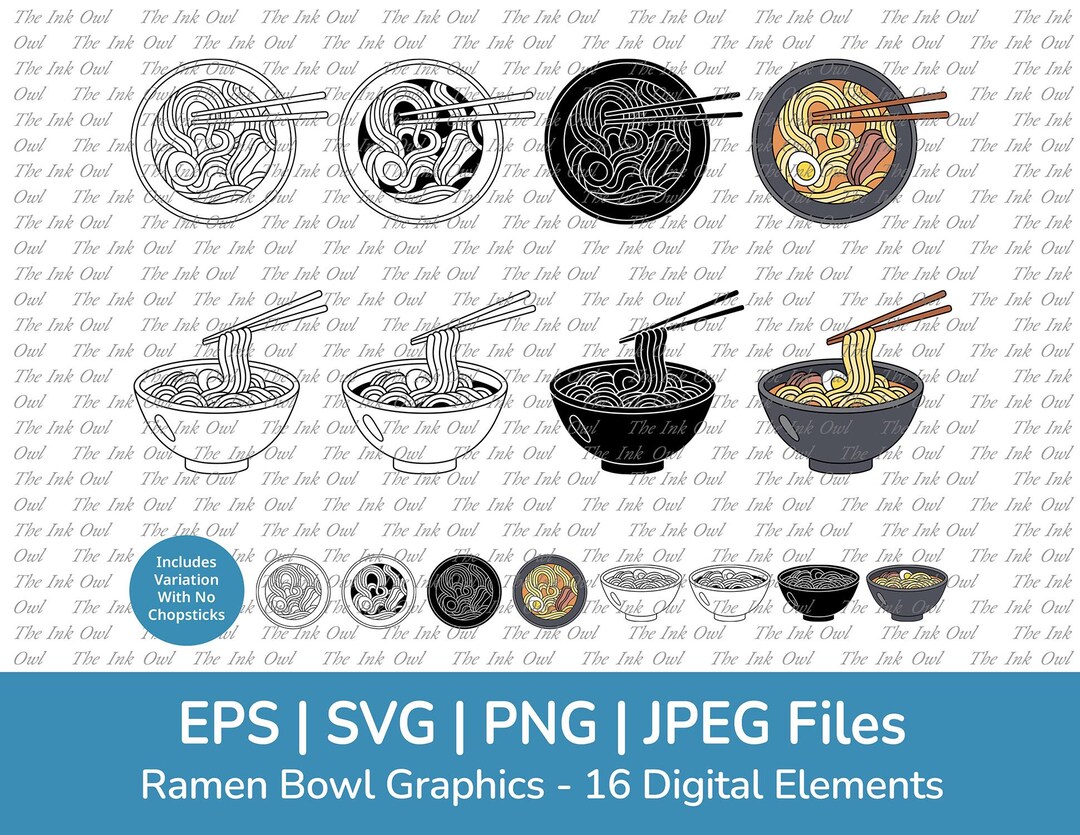 Ramen Noodle Bowl Vector Clipart Set / Outline, Stamp & Color Drawing ...