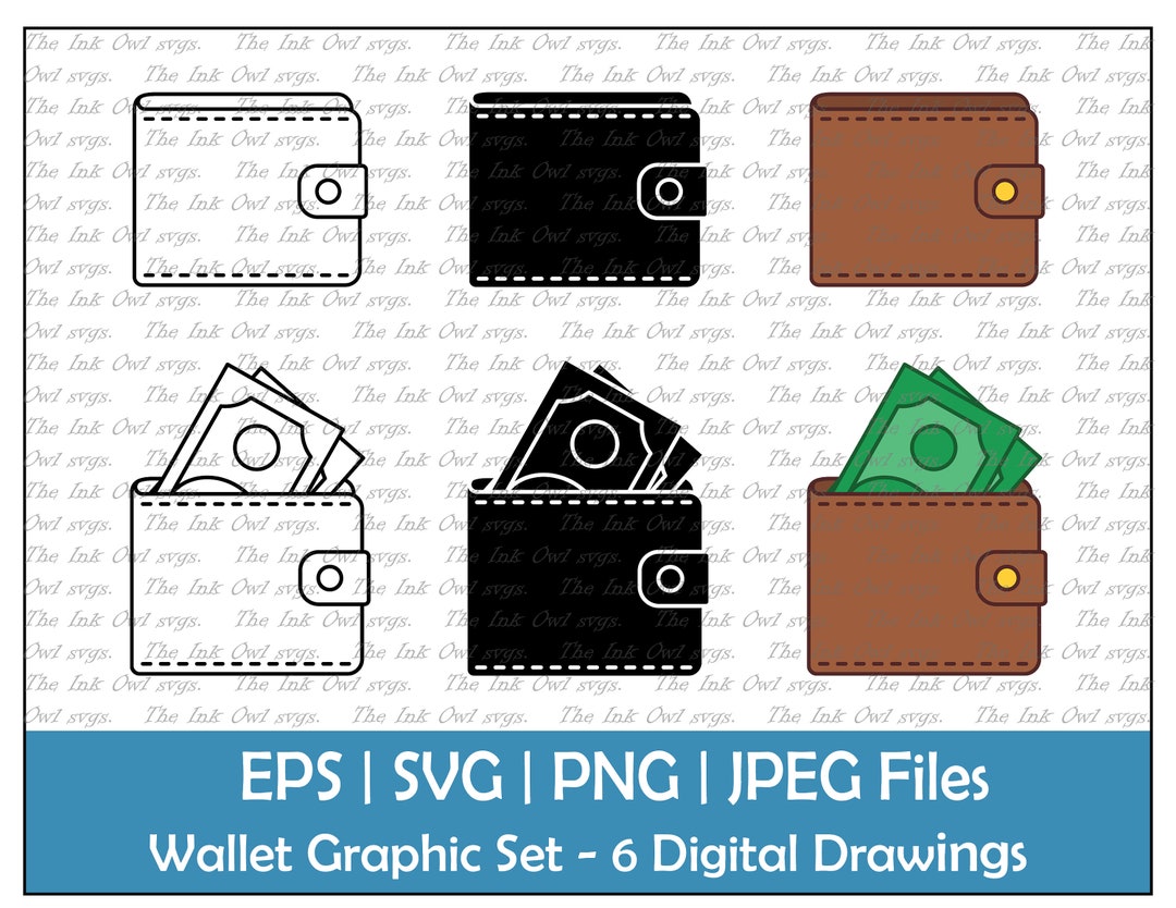 Wallet With Money Singles Vector Clipart Set / Outline, Stamp and Color ...