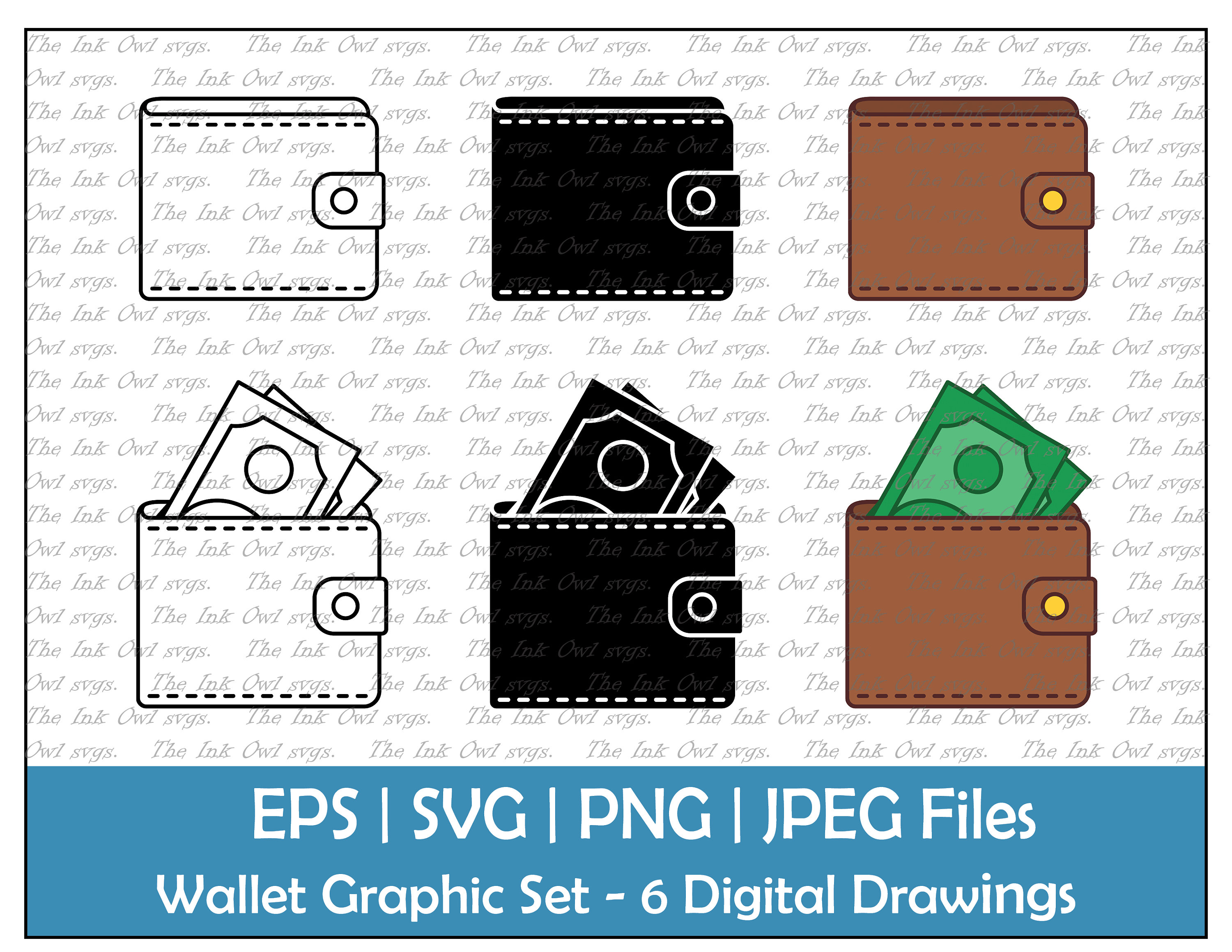 Wallet With Money Singles Vector Clipart Set / Outline Stamp | Etsy
