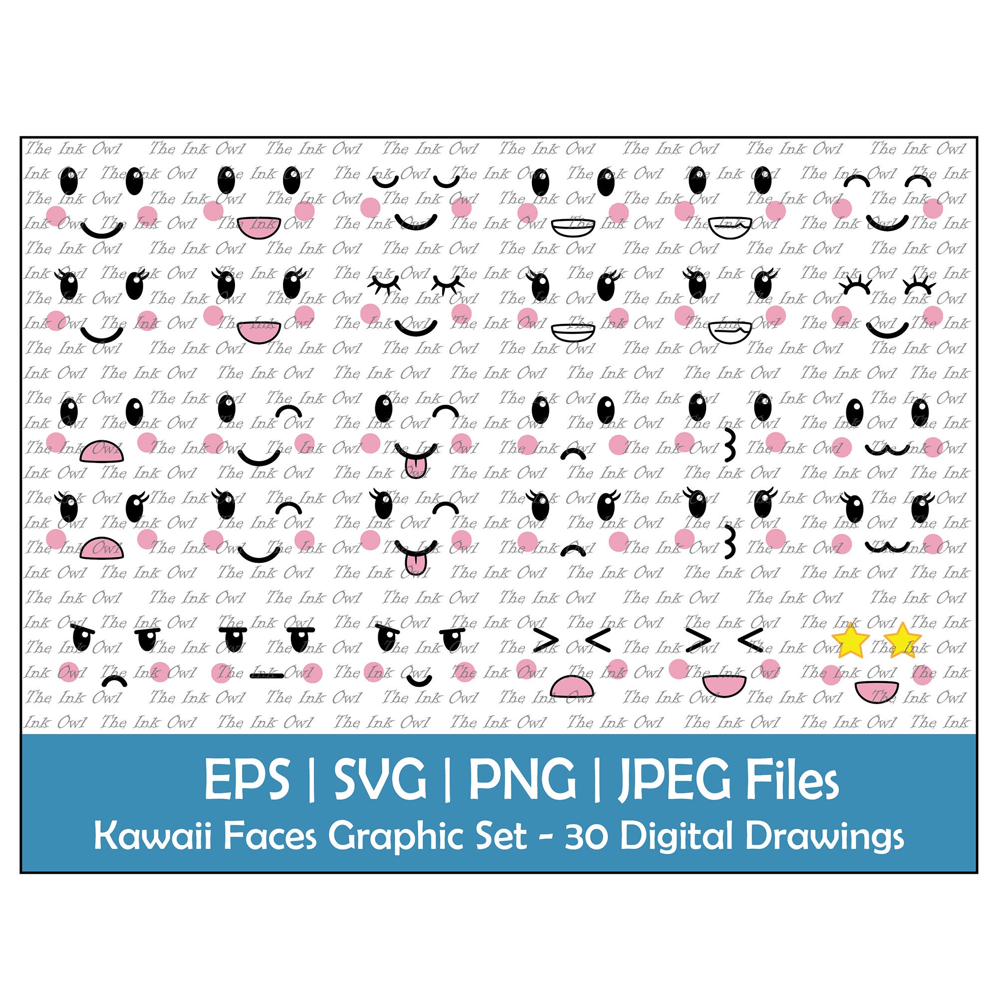Cute Kawaii Faces Vector Clipart Set / Drawing Illustrations / Emotion ...