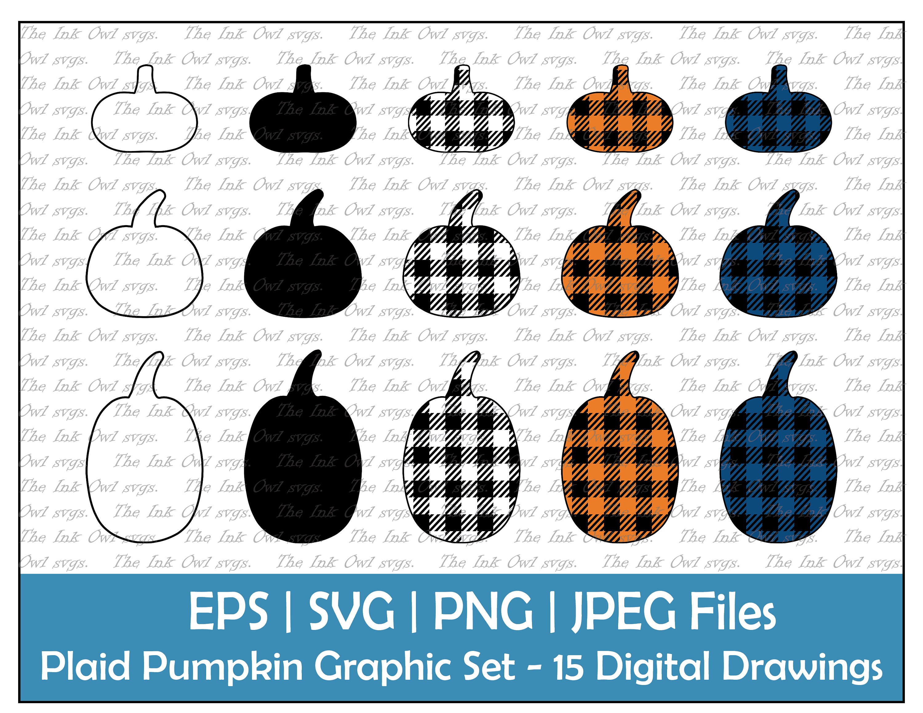 Plaid Pumpkin Clipart Set / Outline, Silhouette & Color Drawing ...