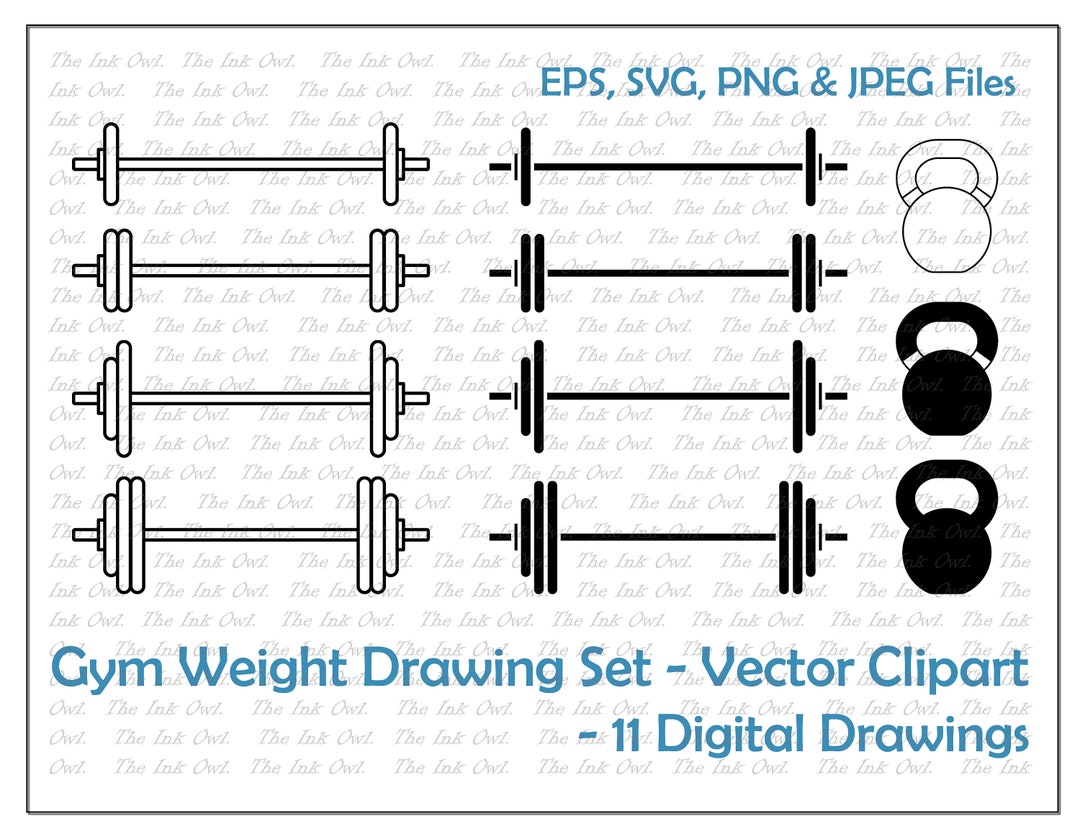 Fitness Gym Weight Set Vector Clipart Set / Outline & Stamp Drawing ...