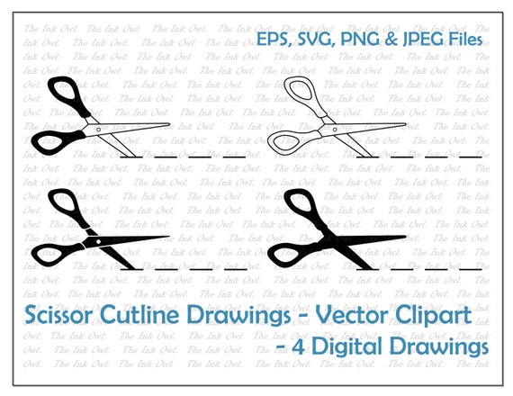 Scissor and Dashed Cut Line Drawing Clipart / Outline & Stamp | Etsy