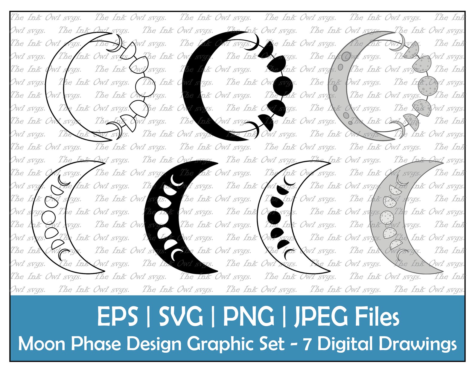 Moon Phase Designs Vector Clipart Set / Outline, Stamp & Color Graphics ...