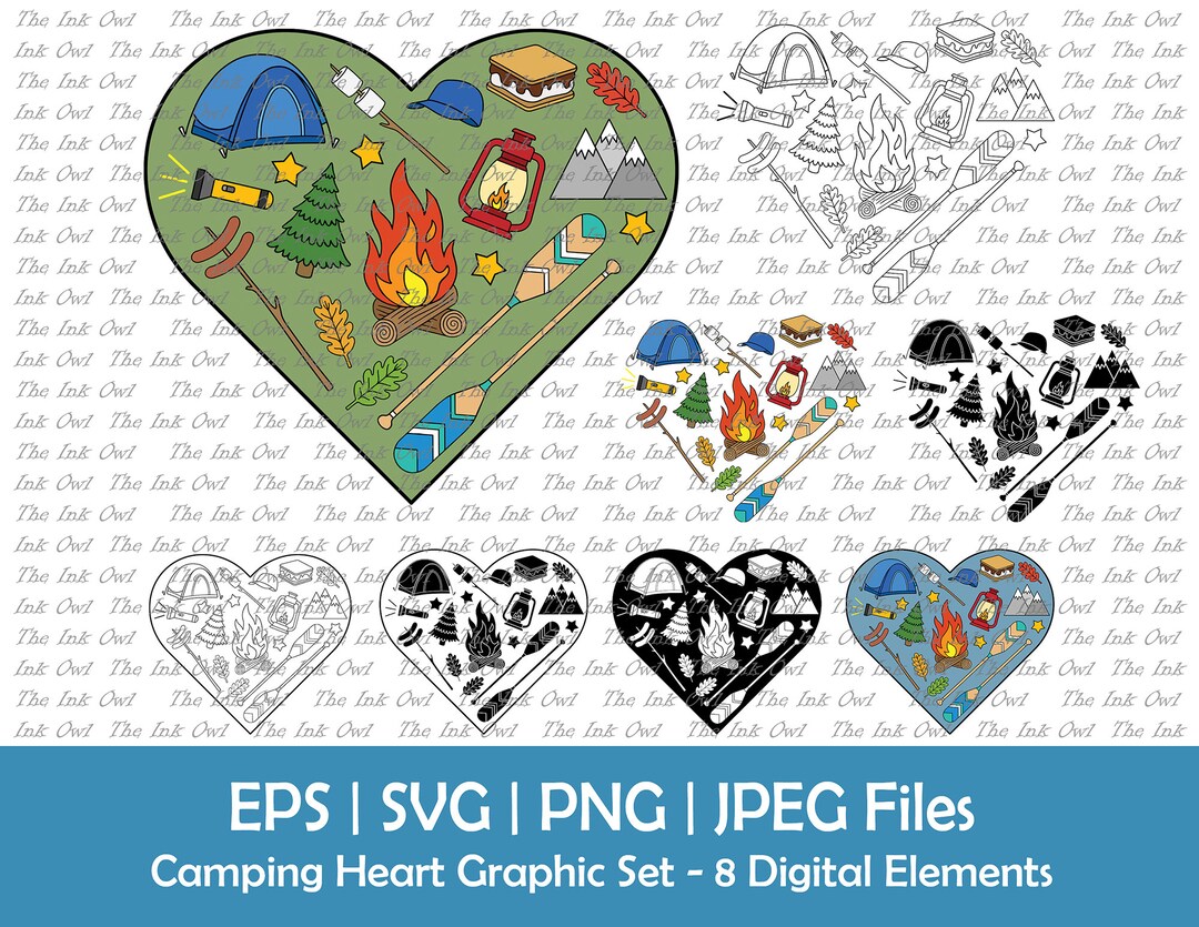 Camping Heart Clipart / Outline, Silhouette & Color Graphic / With ...