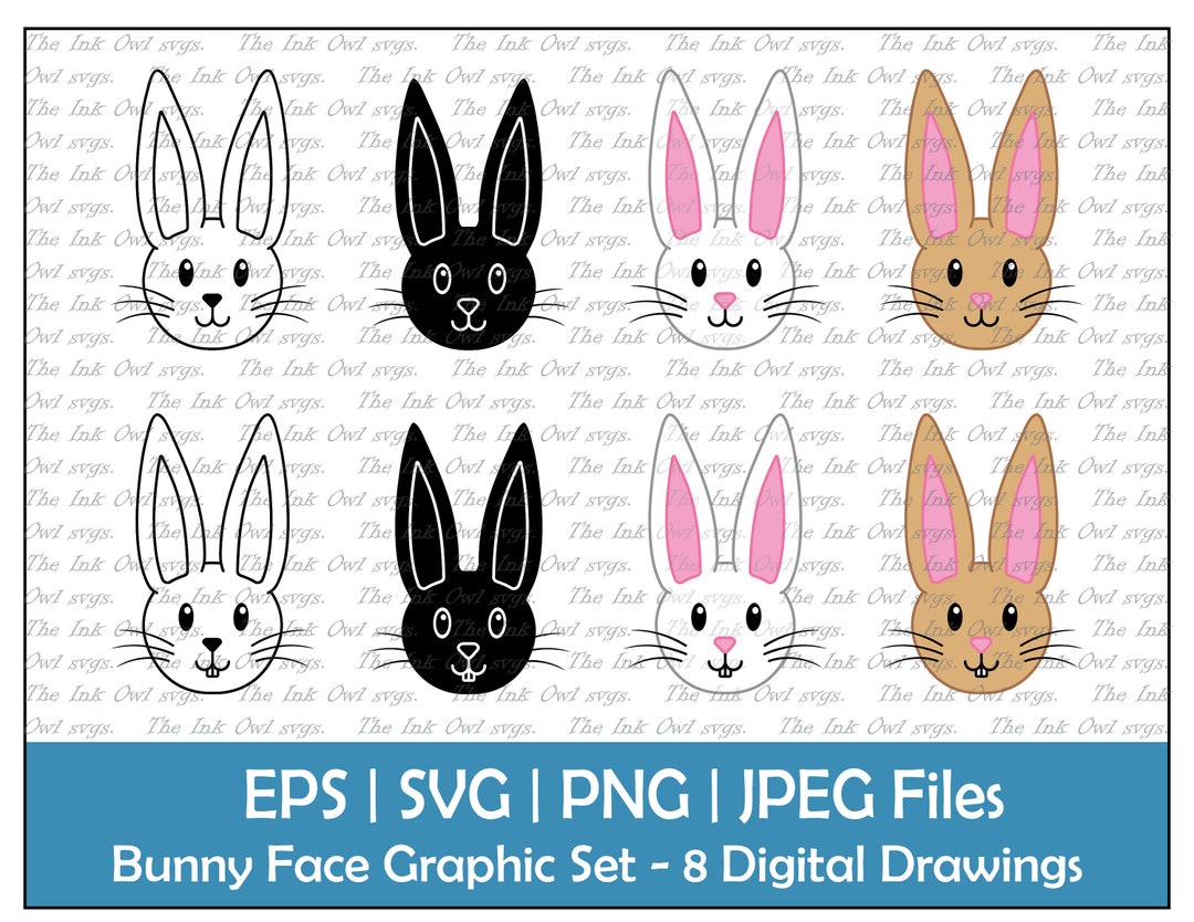 Bunny Face Vector Clipart Set / Outline, Stamp & Color Graphics / White ...