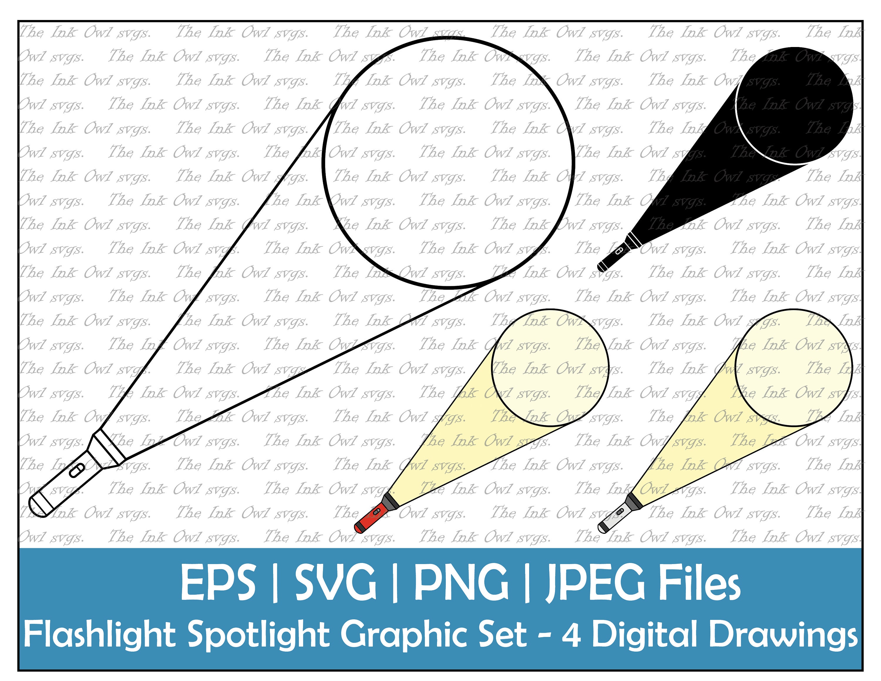 Flashlight With Spotlight Vector Clipart Set / Outline & Stamp Graphic ...