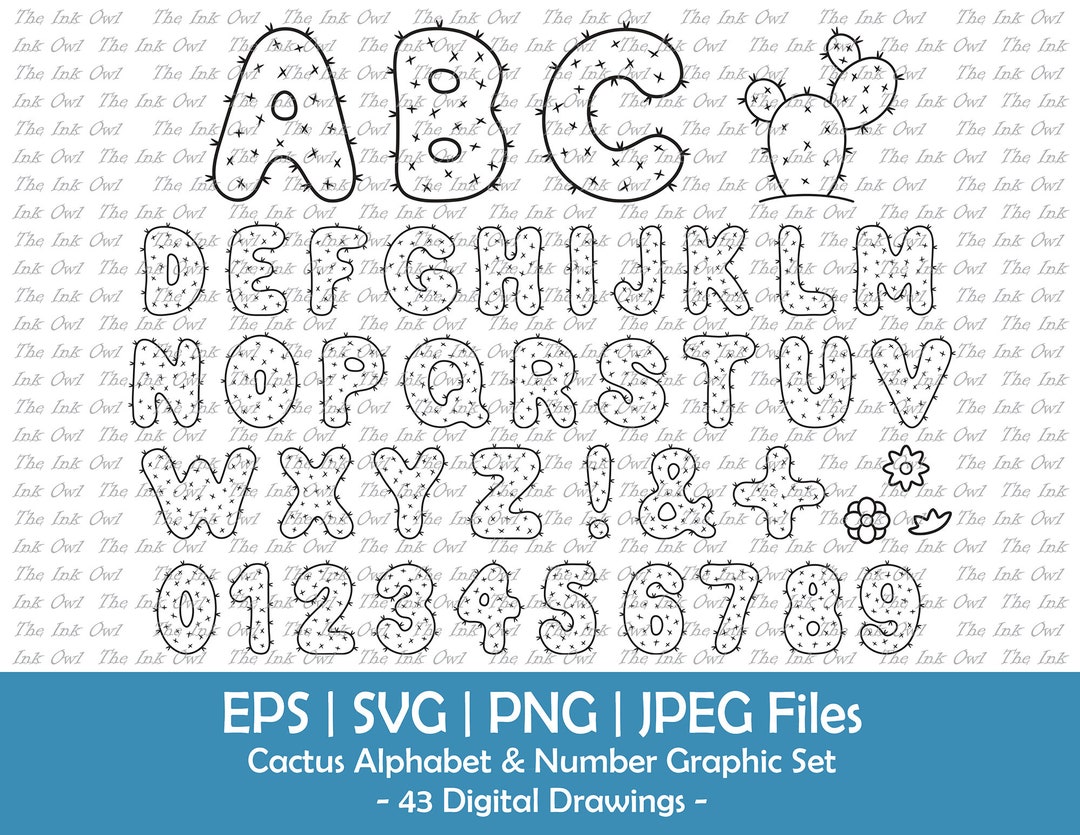 Cactus Alphabet Letters & Numbers Vector Clipart Set / Outline ...