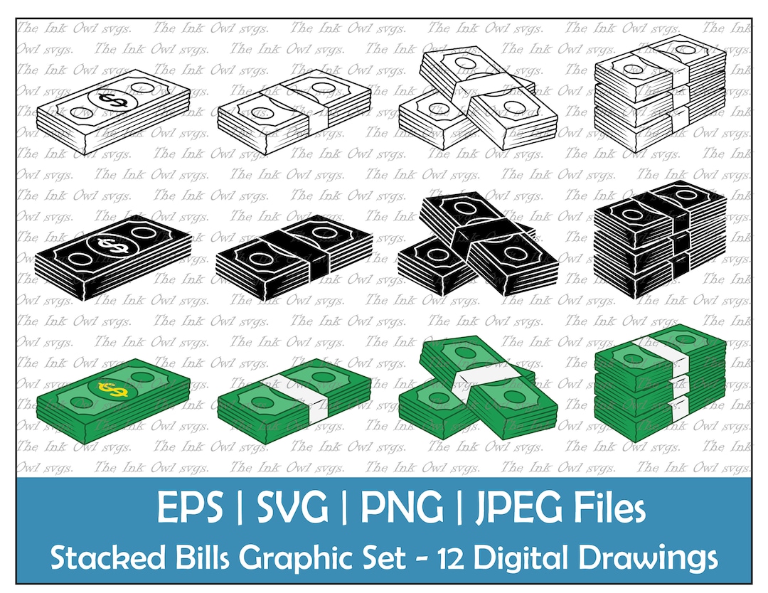 Money Paper Bill Stack Vector Clipart Set / Outline & Stamp Graphic ...