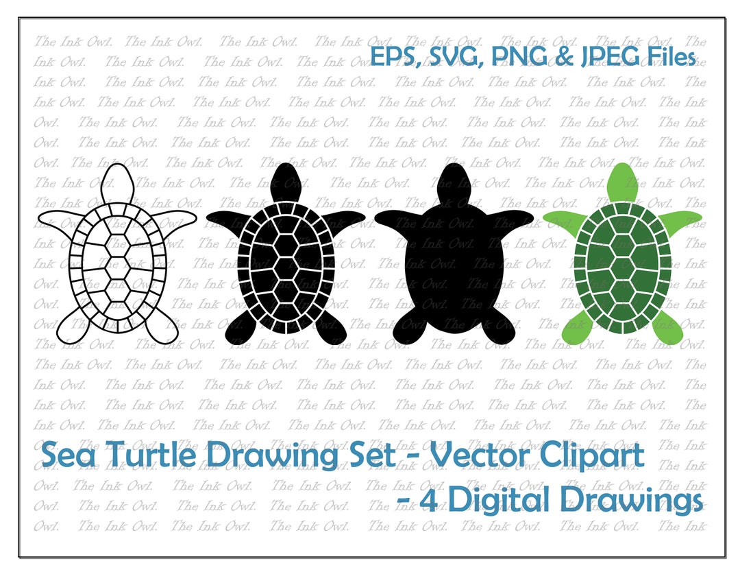 Sea Turtle Vector Clipart Set / Outline & Stamp Drawing Illustrations ...