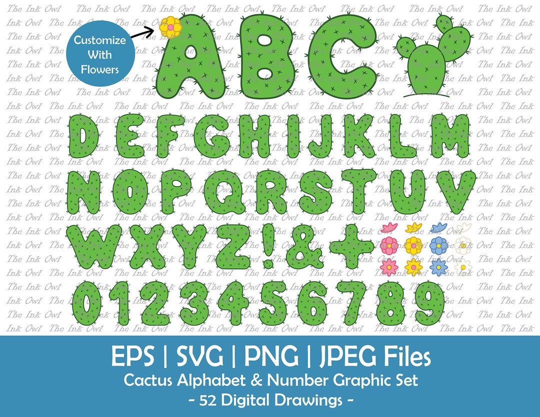 Cactus Alphabet Letters & Numbers Vector Clipart Set / Color ...