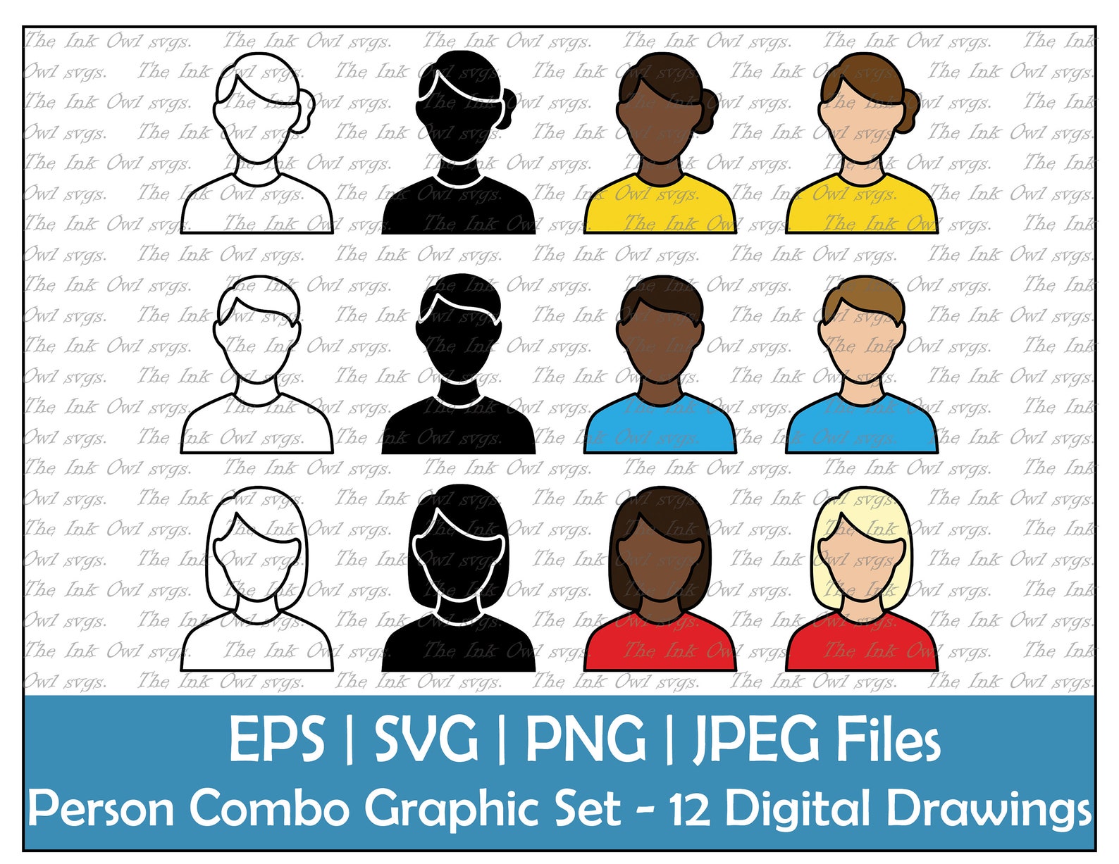 Person Icon With Color Vector Clipart Set / Outline & Stamp - Etsy
