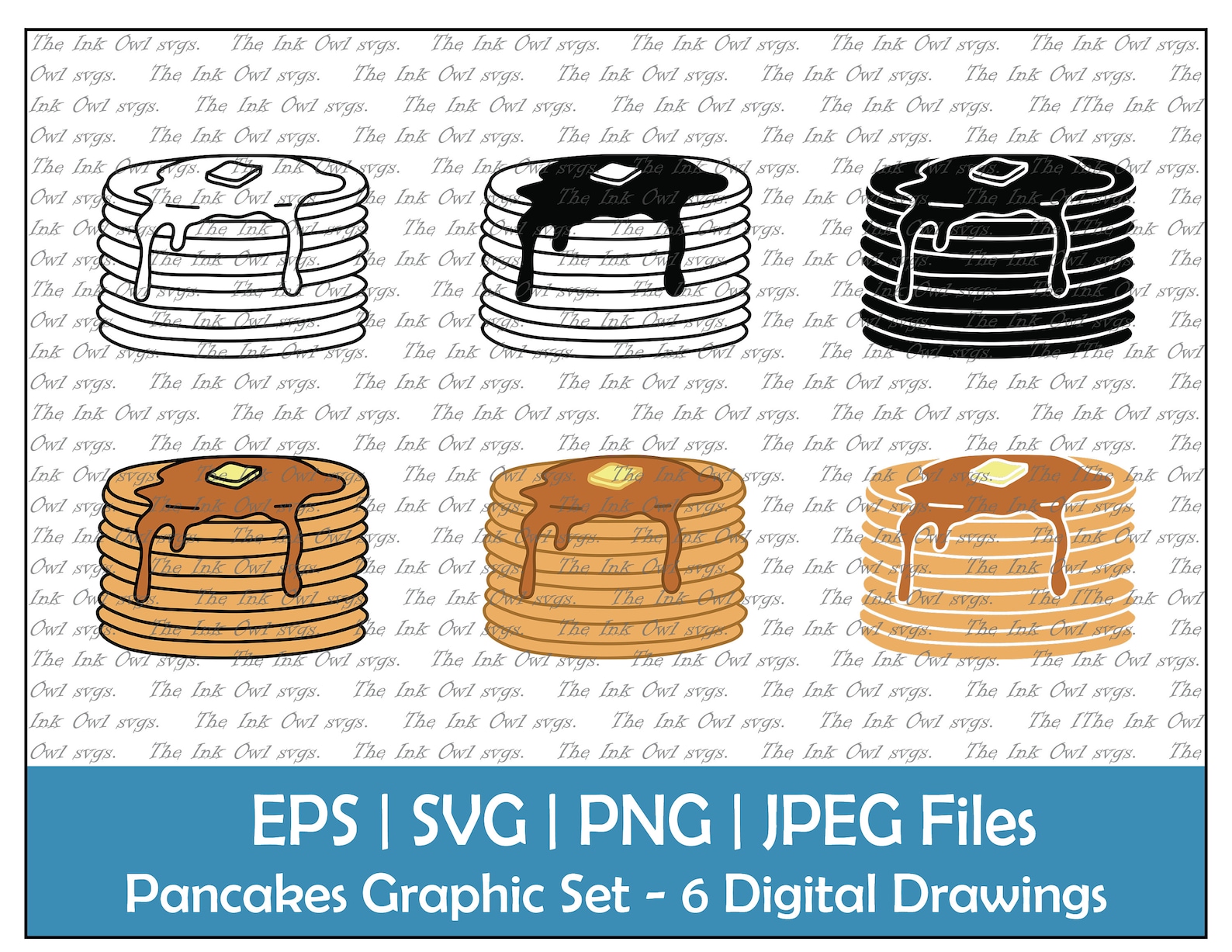 Pancake Vector Clipart Set / Outline, Silhouette Stamp & Color Drawing ...