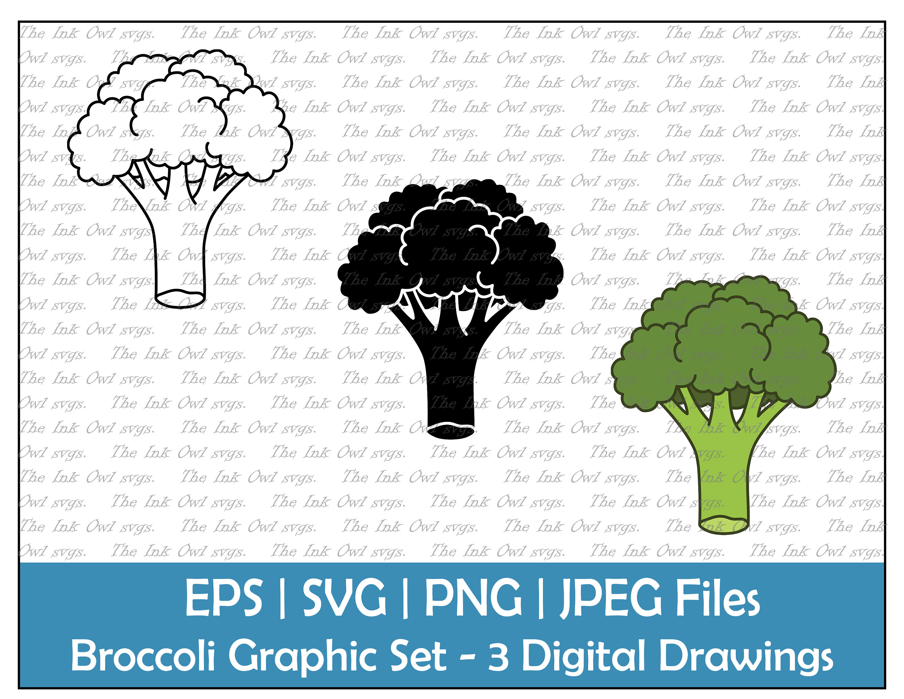 Broccoli Vector Clipart Set / Outline & Stamp Drawing Illustrations ...