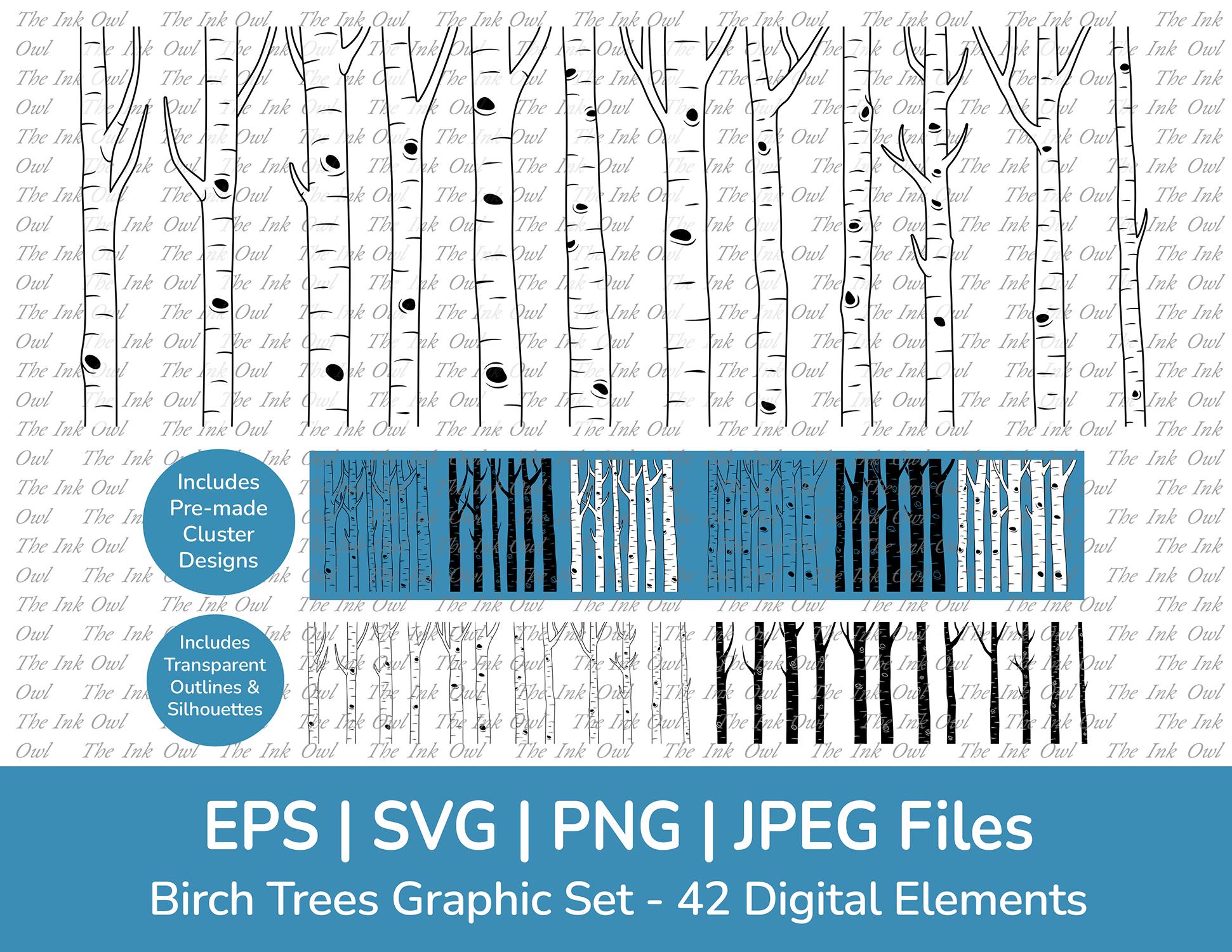 Birch Tree Forest Design Vector Clipart Set / Outline, Silhouette ...