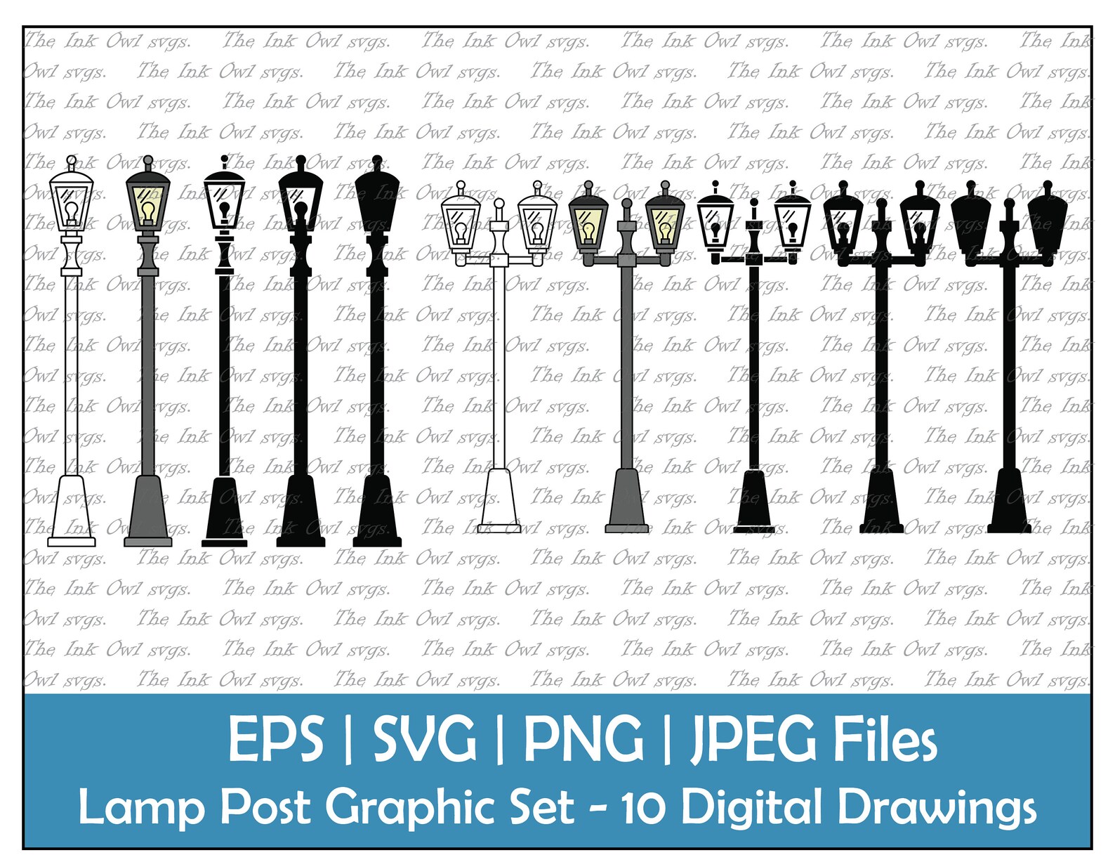 Street Lamp Post Vector Clipart Set / Outline, Silhouette Stamp & Color ...