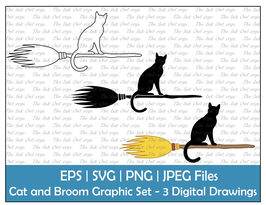Cat Riding A Witch's Broom Vector Clipart Set / Outline & Stamp Drawing ...