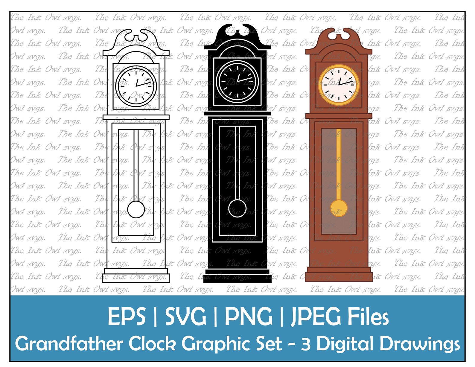 Grandfather Clock Vector Clipart Set / Outline & Stamp Drawing ...
