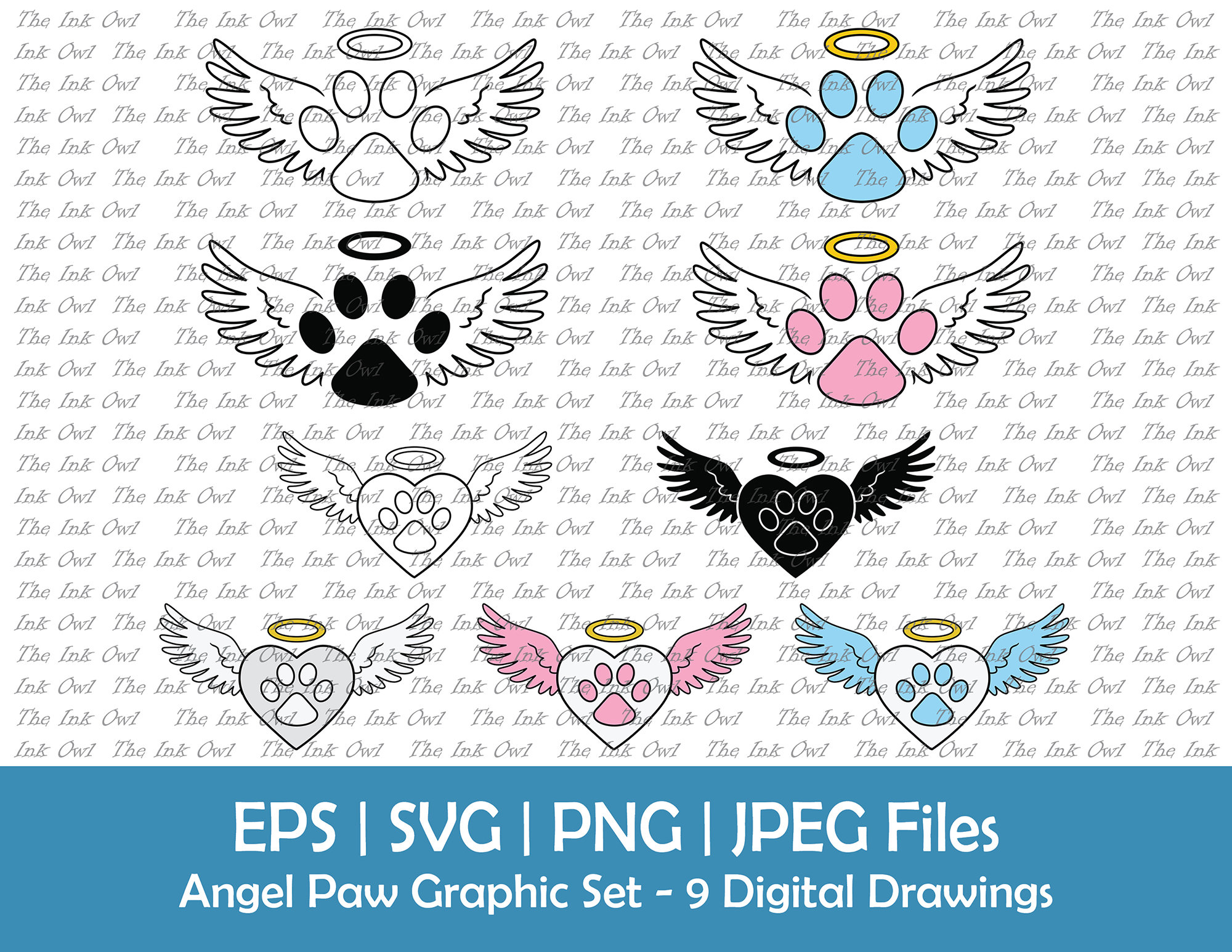 Pet Paw Angel Wings and Halo Vector Clipart Set / Outline, Stamp and ...