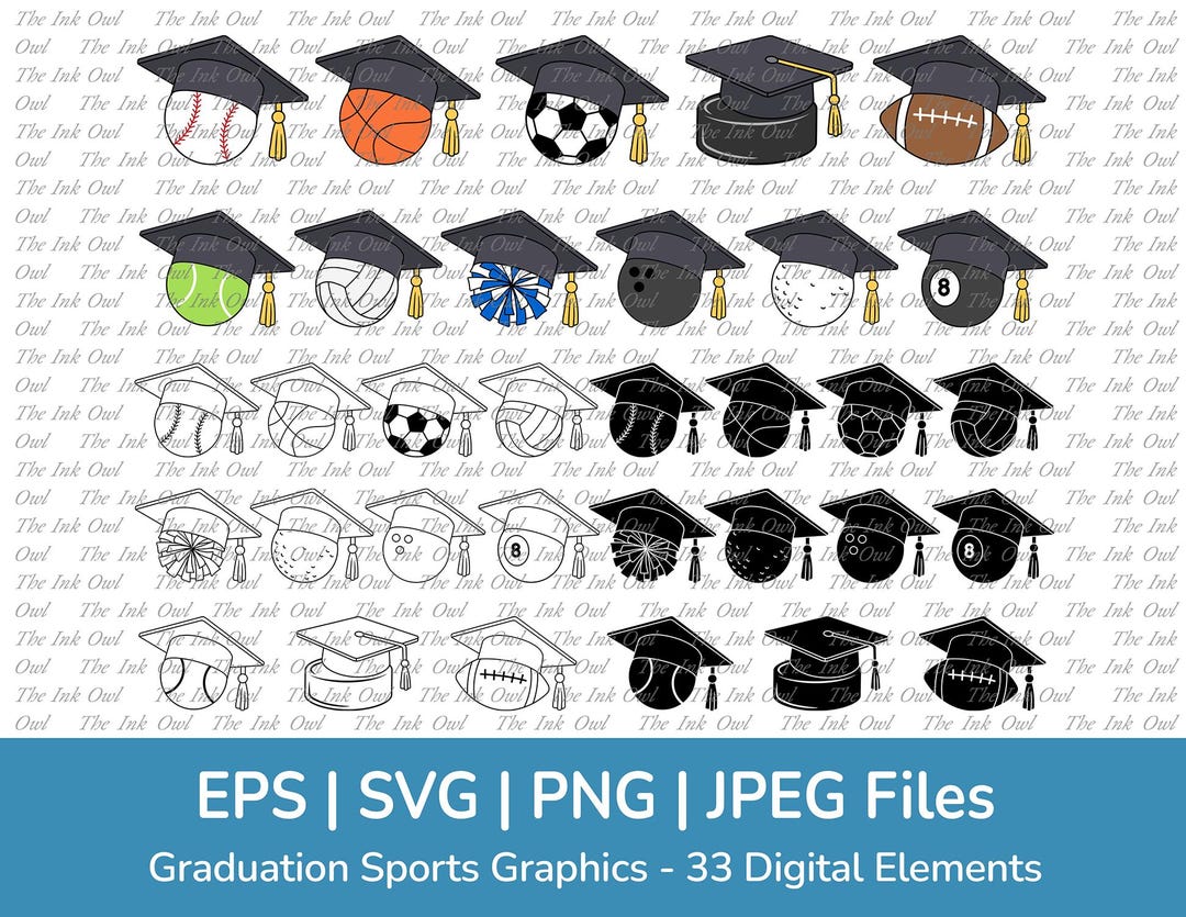 Sports Balls in Graduation Caps Clipart / Hockey, Soccer, Baseball ...
