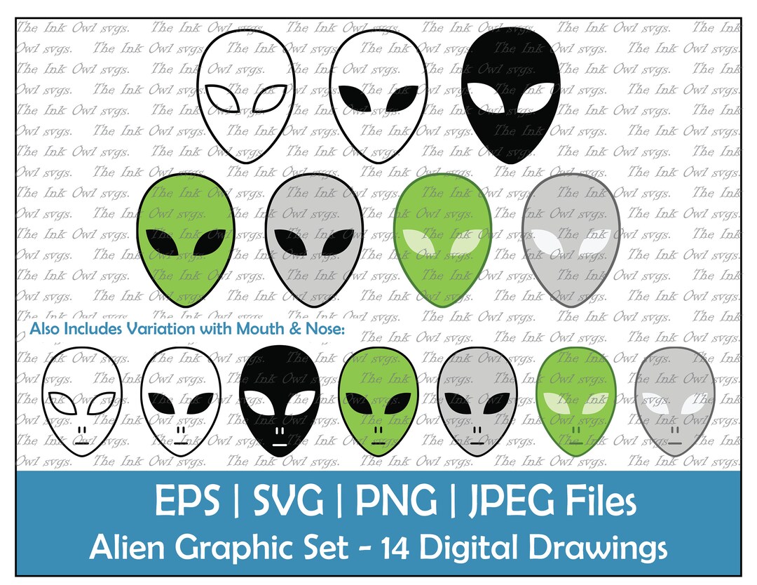 Alien Face Vector Clipart Set / Outline, Silhouette Stamp & Color ...