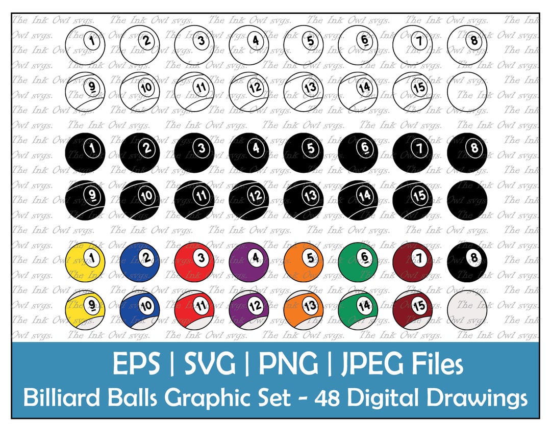 Billiards or Pool Balls Angled Vector Clipart Set / Outline, Silhouette ...