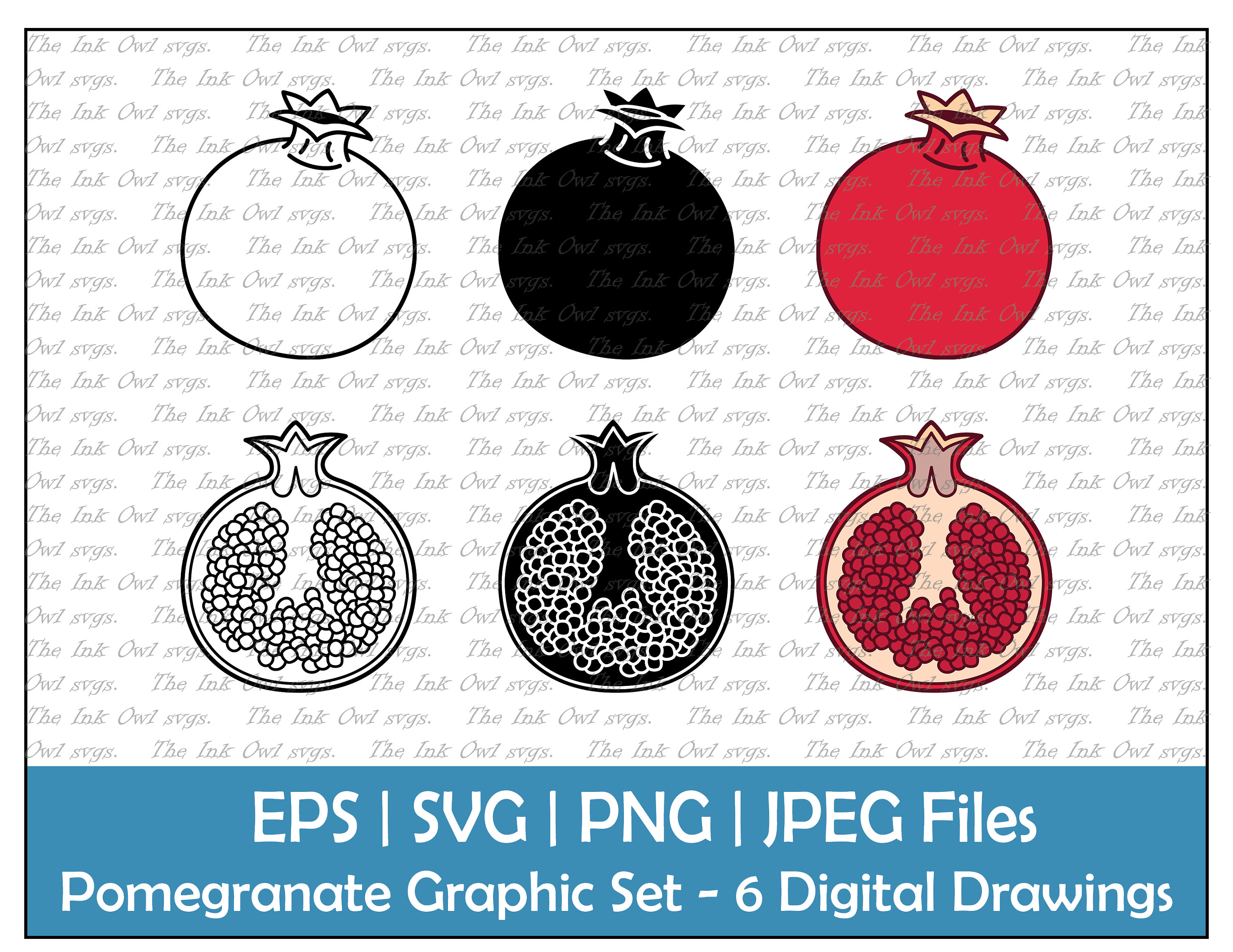Pomegranate Fruit Vector Clipart Set / Outline, Stamp & Color Drawing ...
