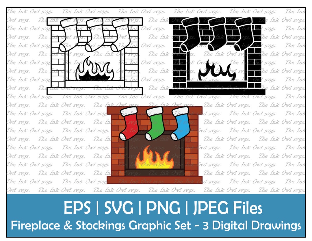 Fireplace With Stockings Vector Clipart Set / Outline & Stamp Drawing ...