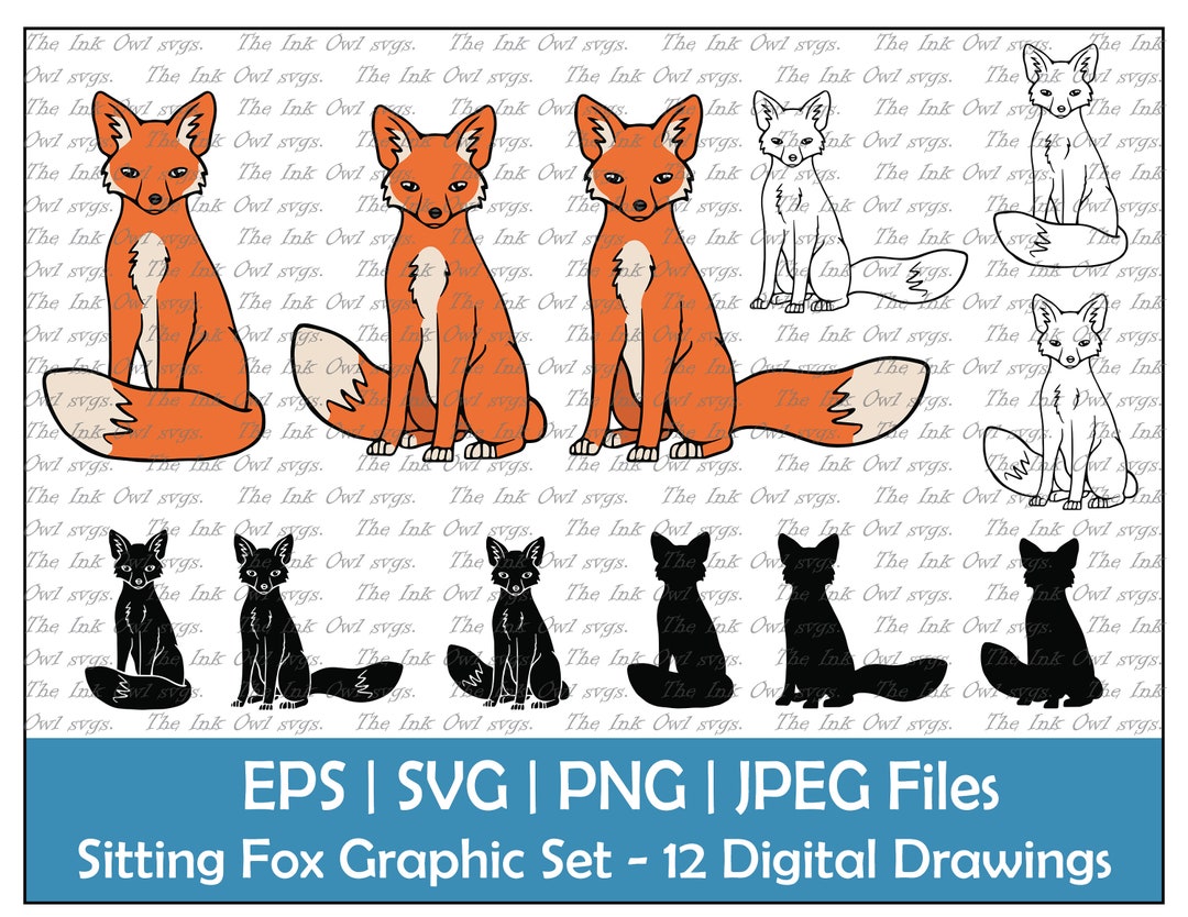 Cute Fox Sitting Vector Clipart Drawing / Outline, Silhouette Stamp ...