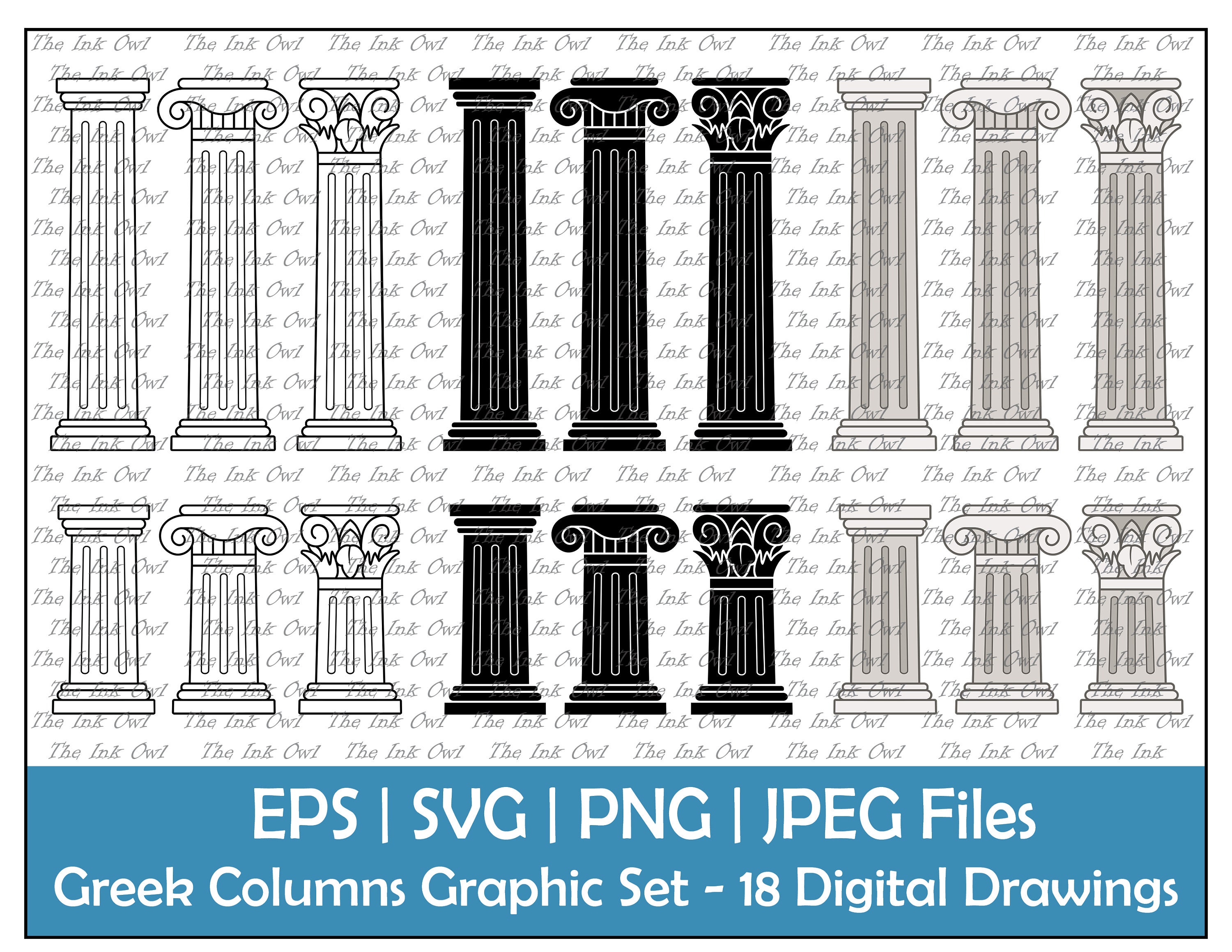 Greek Columns Vector Clipart Set / Outline, Silhouette & Color Graphic ...