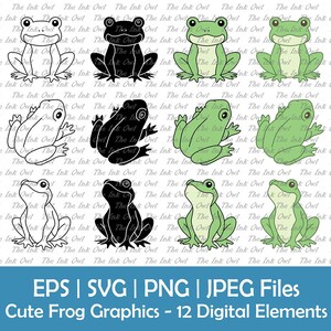 Cute Cartoon Frog Vector Clipart Set / Outline, Silhouette & Stamp ...