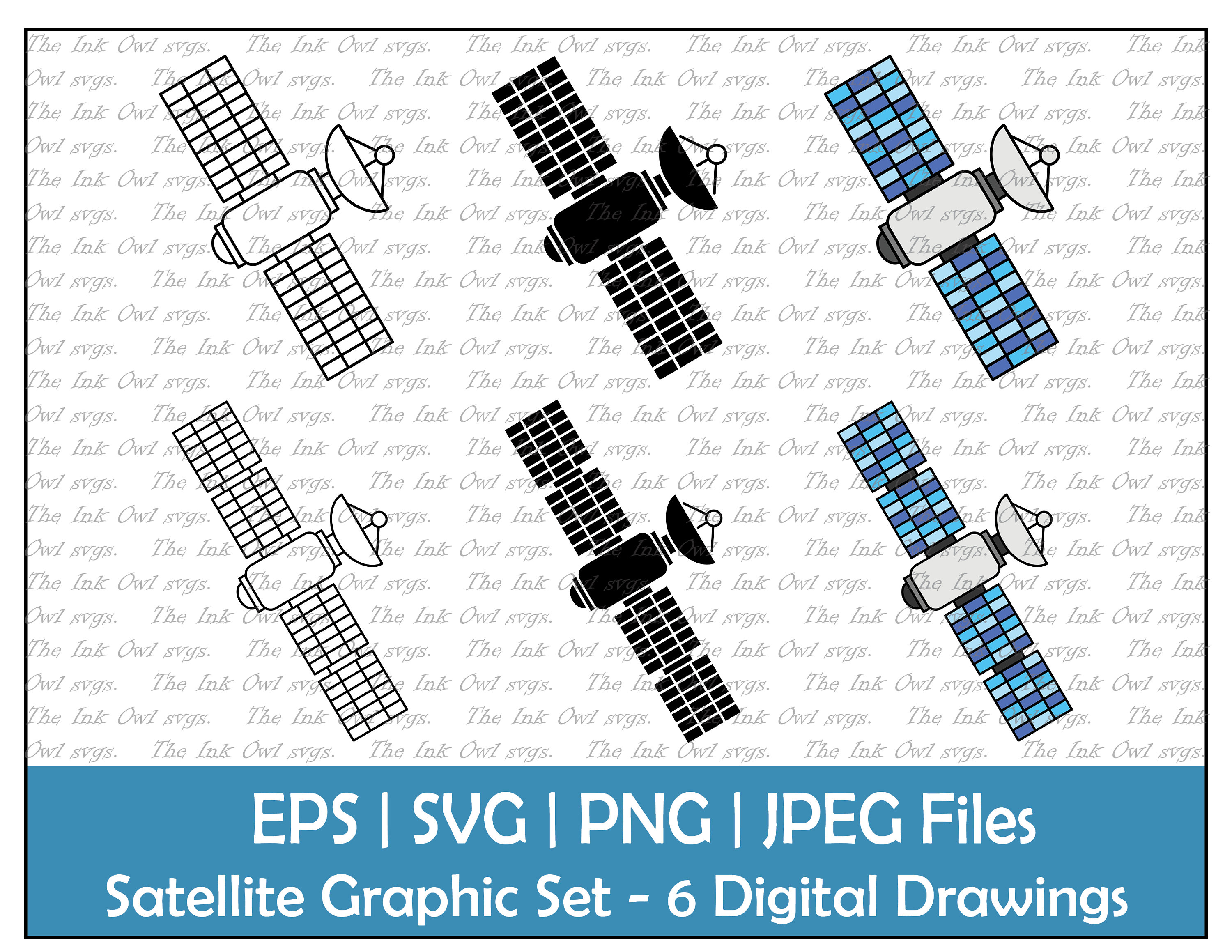 Satellite Vector Clipart Set / Outline & Stamp Icon Graphic / Space and ...