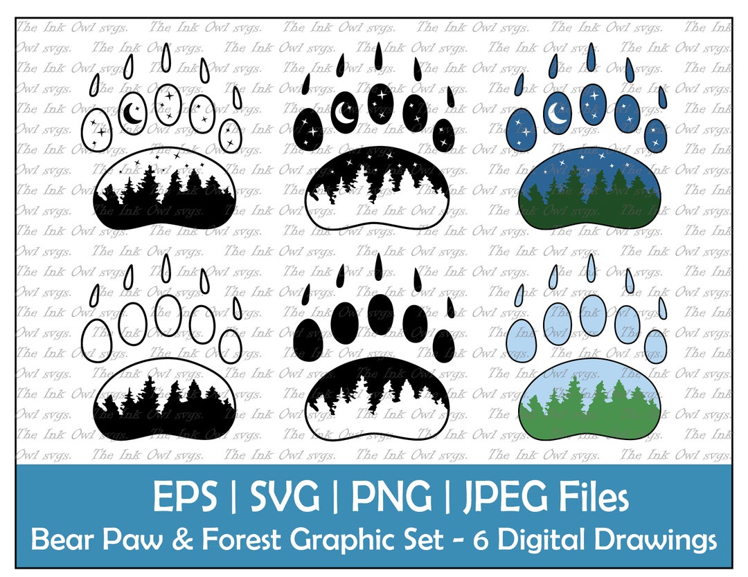 Bear Paw Forest Silhouette Vector Clipart Set / Outline, Stamp & Color ...