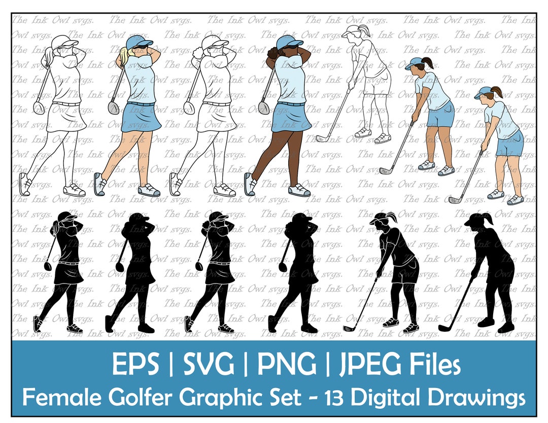 Golf Swing / Woman Golfer With Club Vector Clipart Set / Outline, Stamp ...