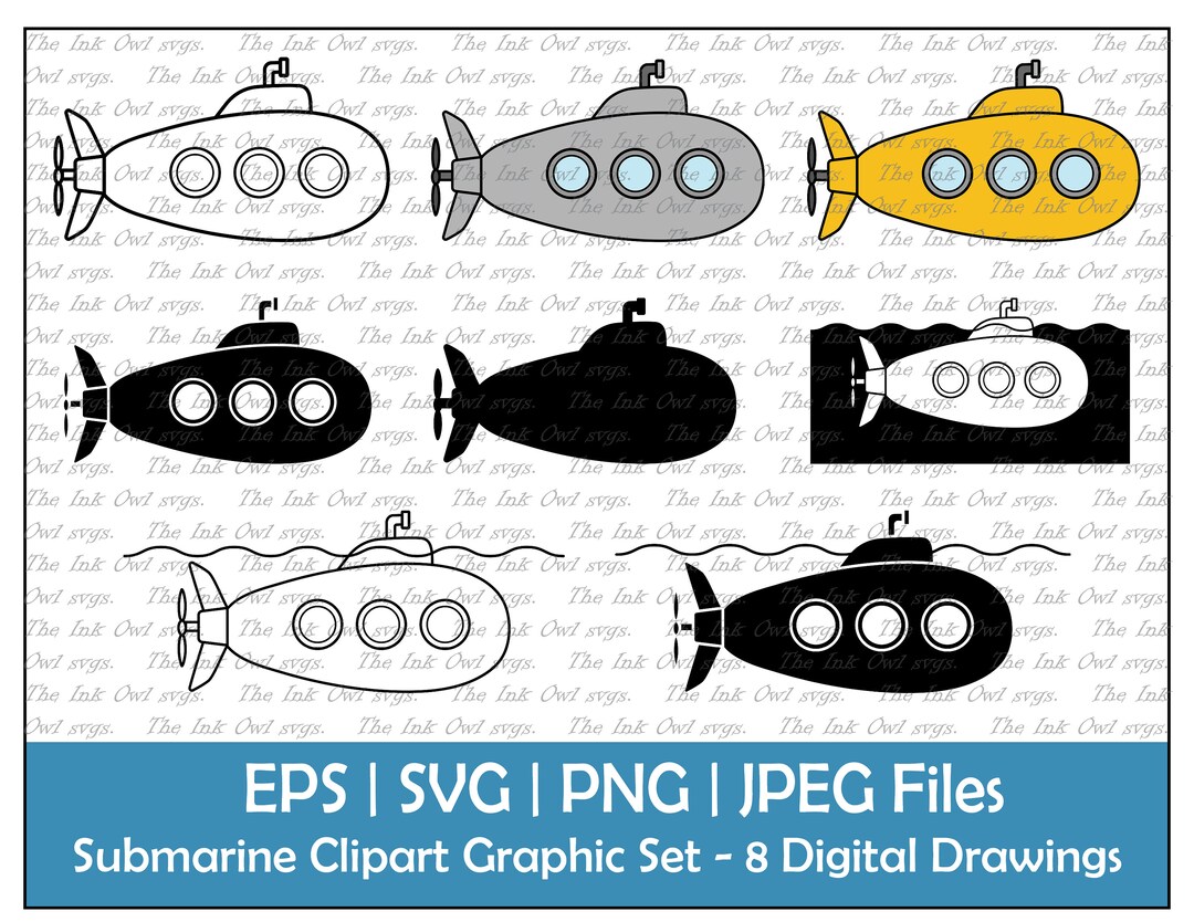 Cartoon Submarine Vector Clipart Set / Outline & Stamp Graphic ...