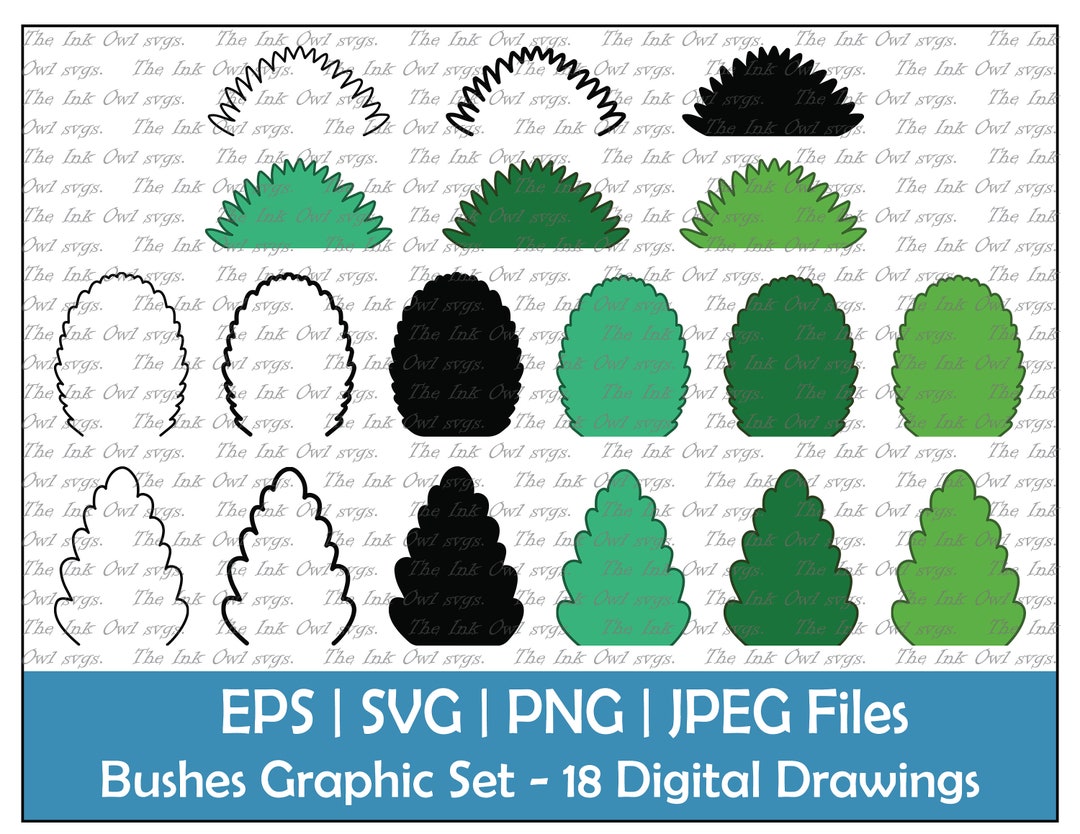 Bush Vector Clipart Set / Bushes Line Drawing, Silhouette Stamp & Color ...