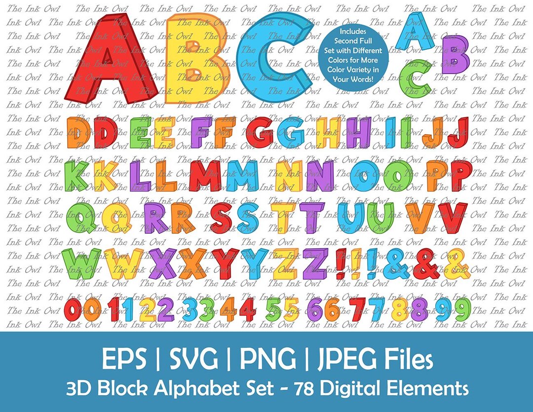 3D Block Letter Alphabet & Number Vector Clipart With Color Outlines ...