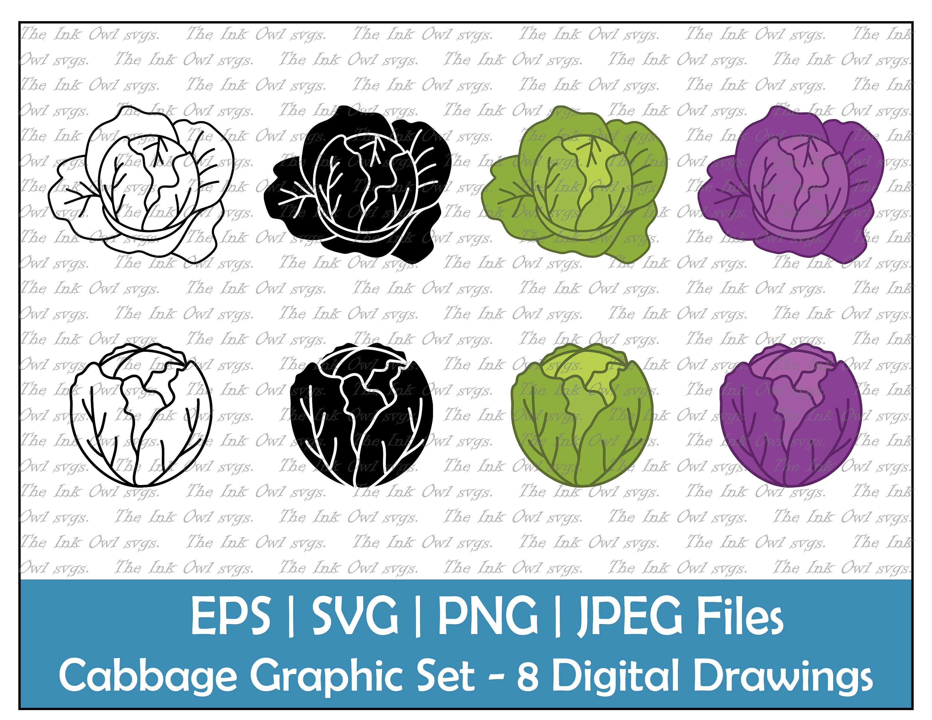 Cabbage Vector Clipart Set / Outline & Stamp Drawing Illustrations ...