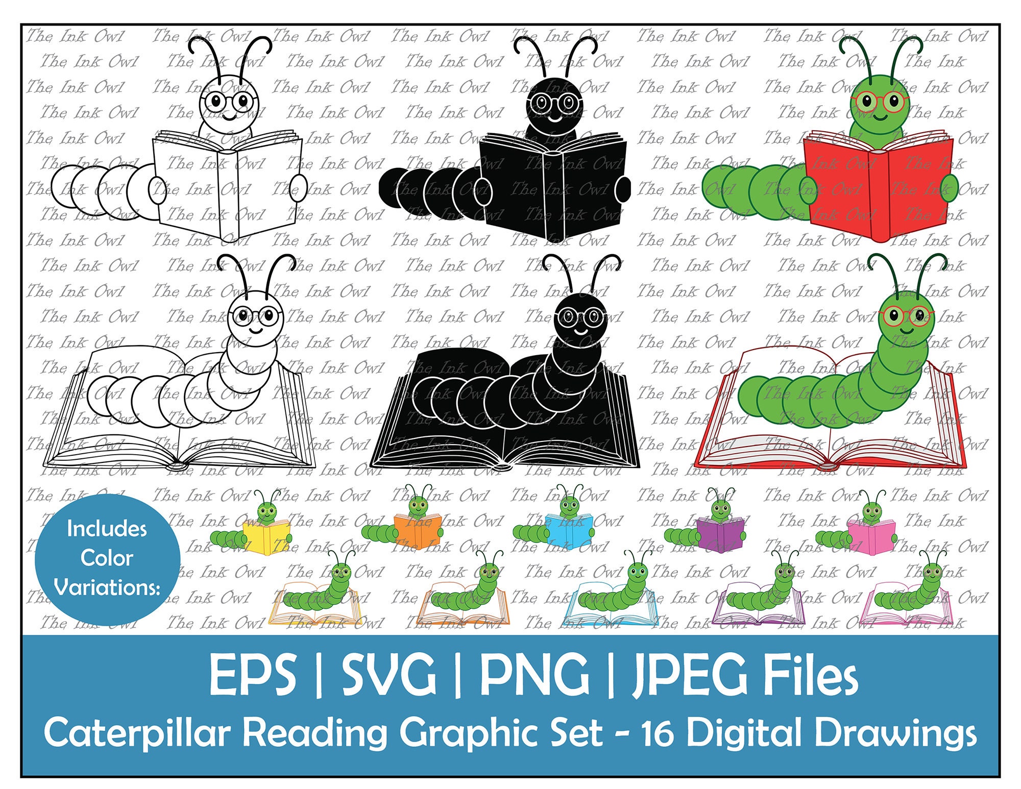 Caterpillar Reading Vector Clipart / Outline, Silhouette & Colored ...