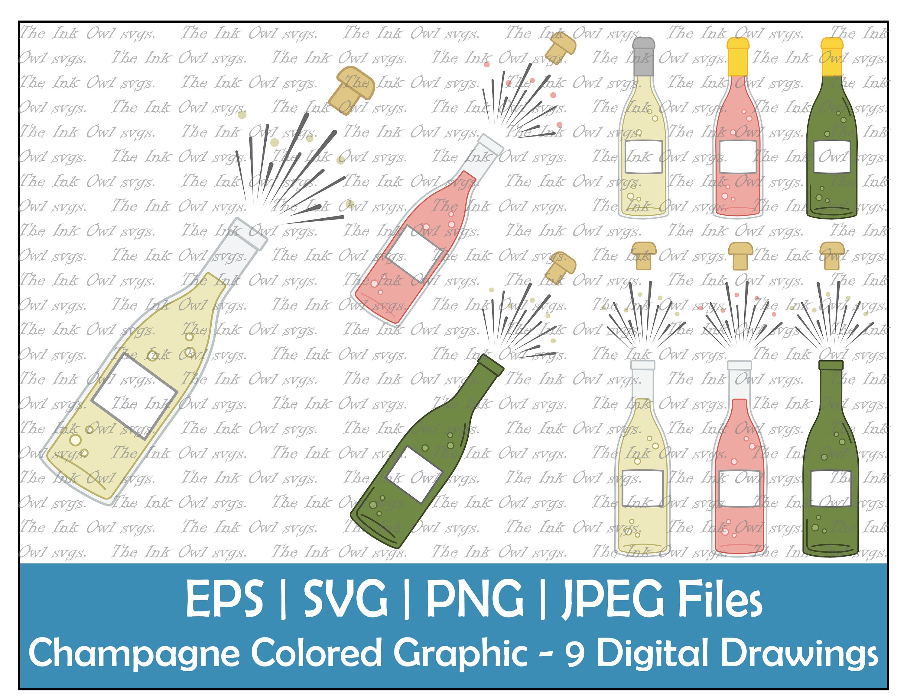 Champagne Bottle Pop Vector Clipart Set / Colored Drawing | Etsy