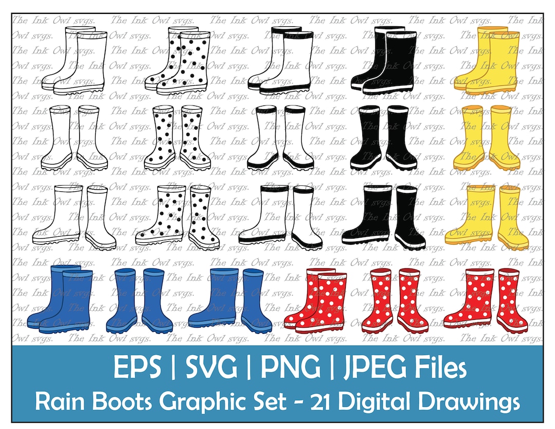 Rain Boots Drawing Set Vector Clipart / Outline, Silhouette Stamp ...