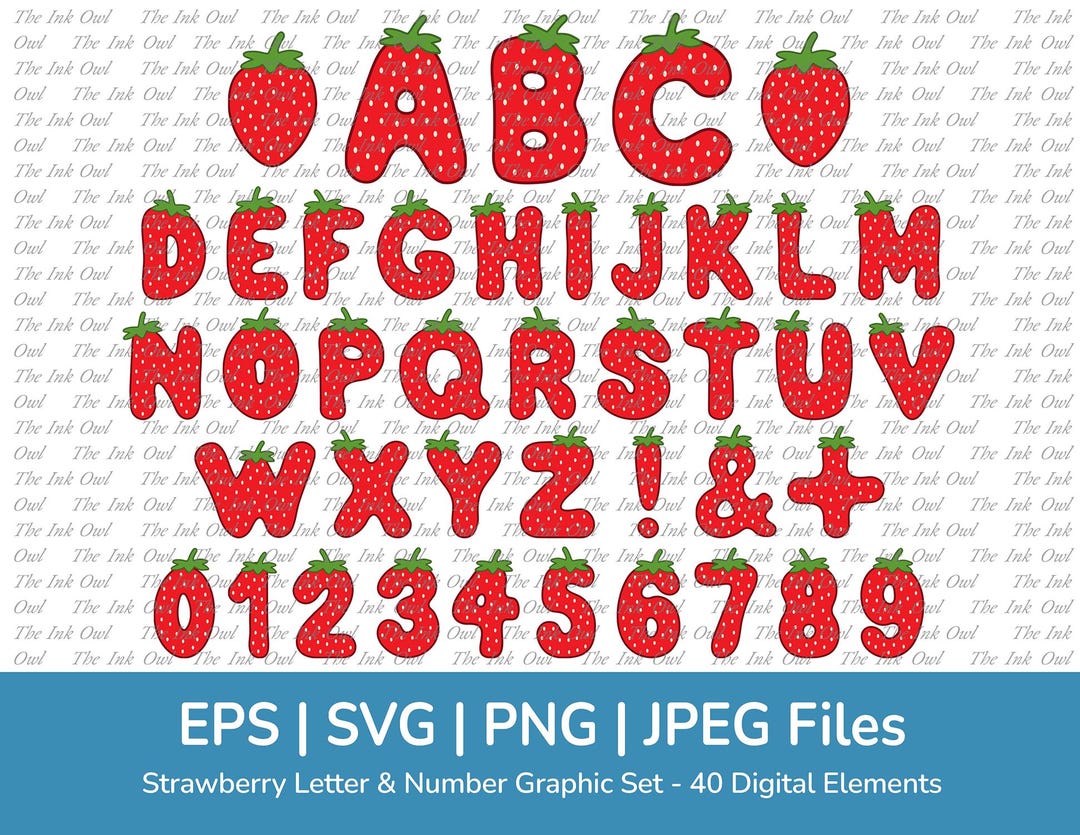 Strawberry Fruit Alphabet Letters and Numbers Vector Clipart / Color ...