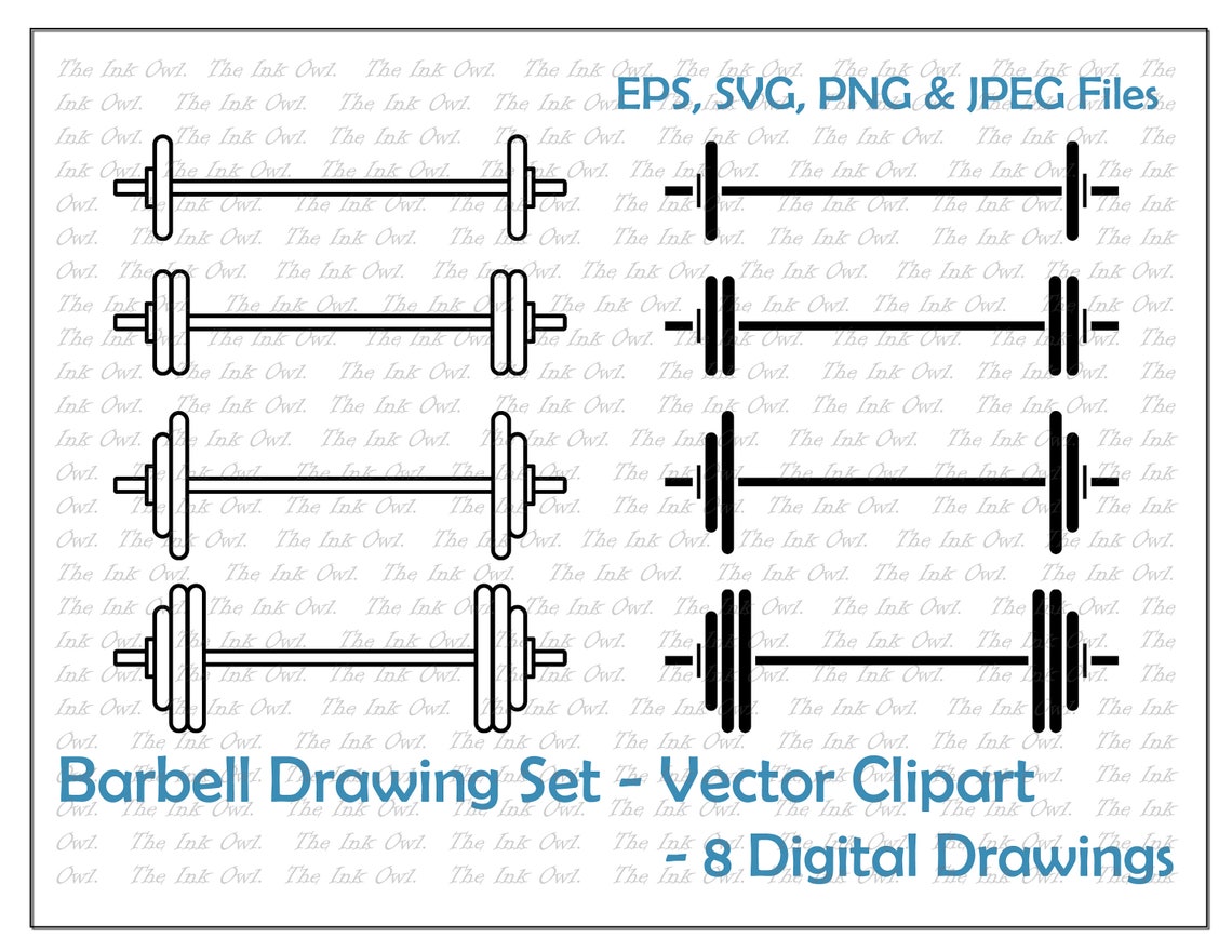Barbell Weight Set Vector Clipart / Outline & Stamp Drawing - Etsy