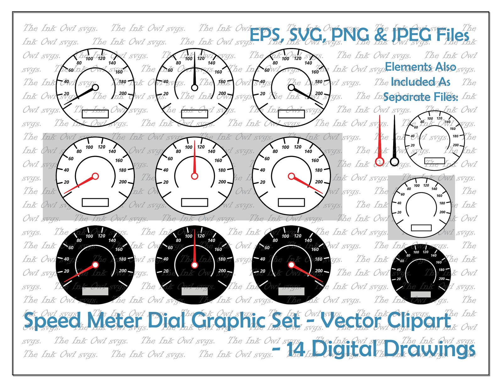 Speed Meter Dial Vector Clipart Set / Outline & Colored Graphic / PNG ...