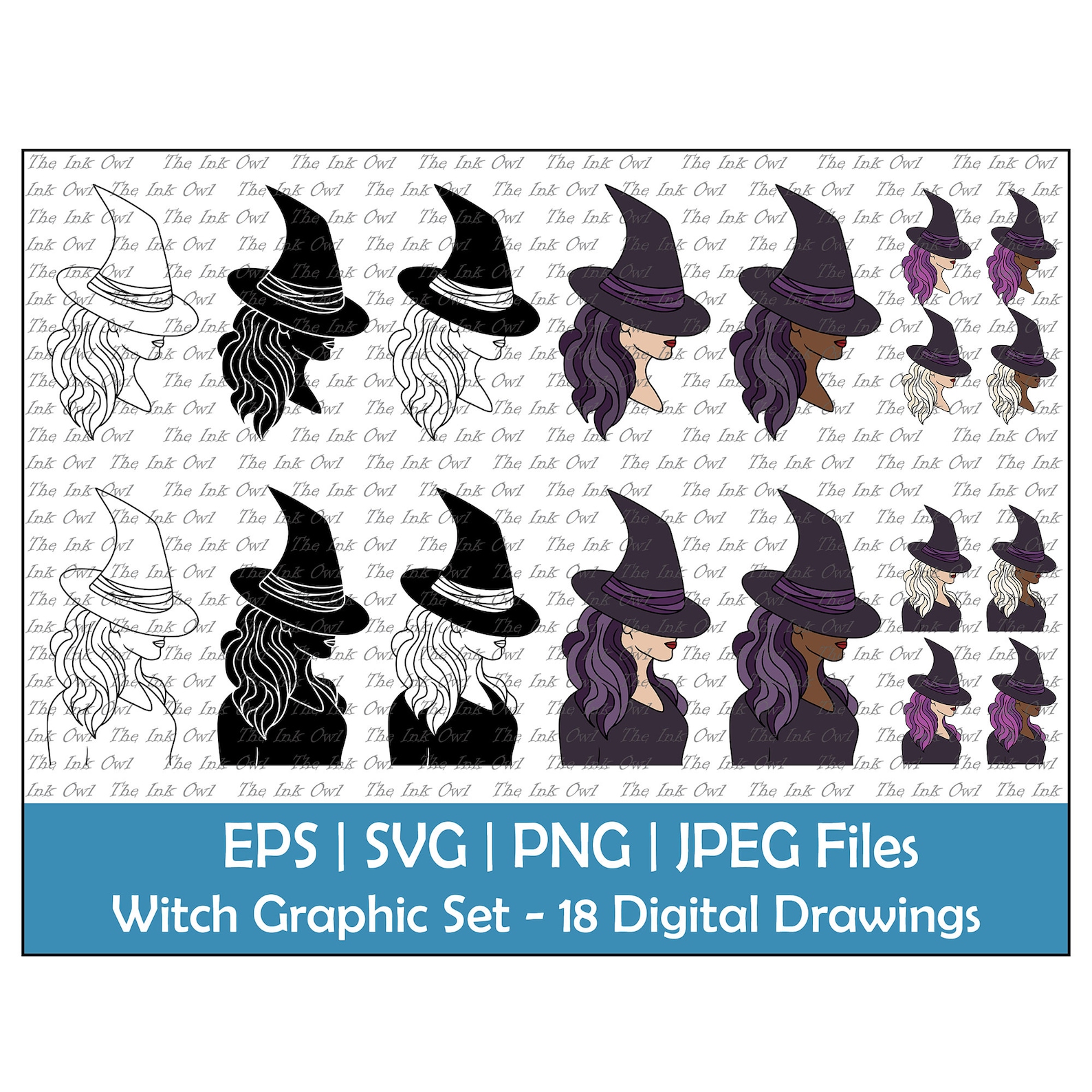 Witch Face With Hat Vector Clipart / Outline, Silhouette Stamp & Color ...