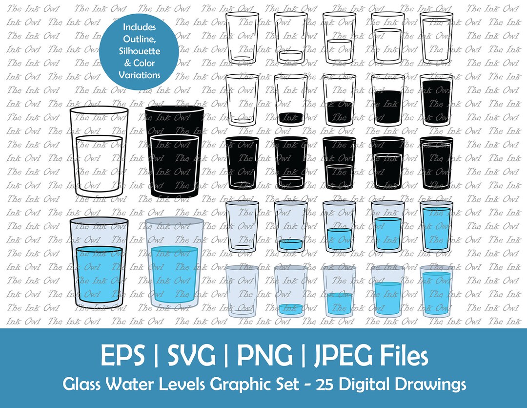 Drink Glass Measuring Water Levels Clipart Set / Outline, Silhouette ...